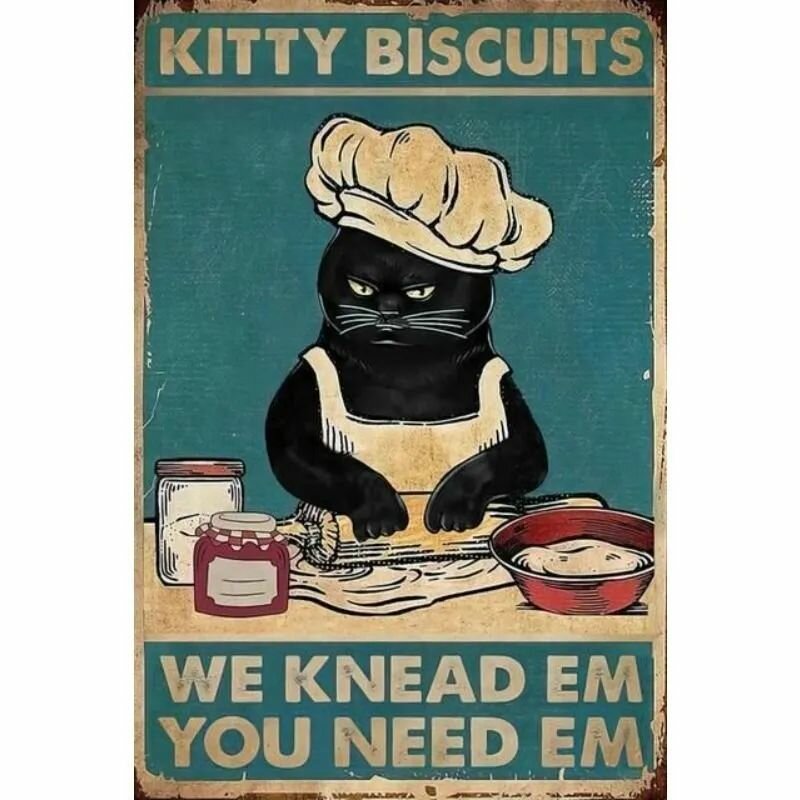 Табличка черный кот-шеф по печеньям "Kitty Biscuits We Knead Em You Need Em", ретро стиль, металл, декор для интерьера, 20х30 см.