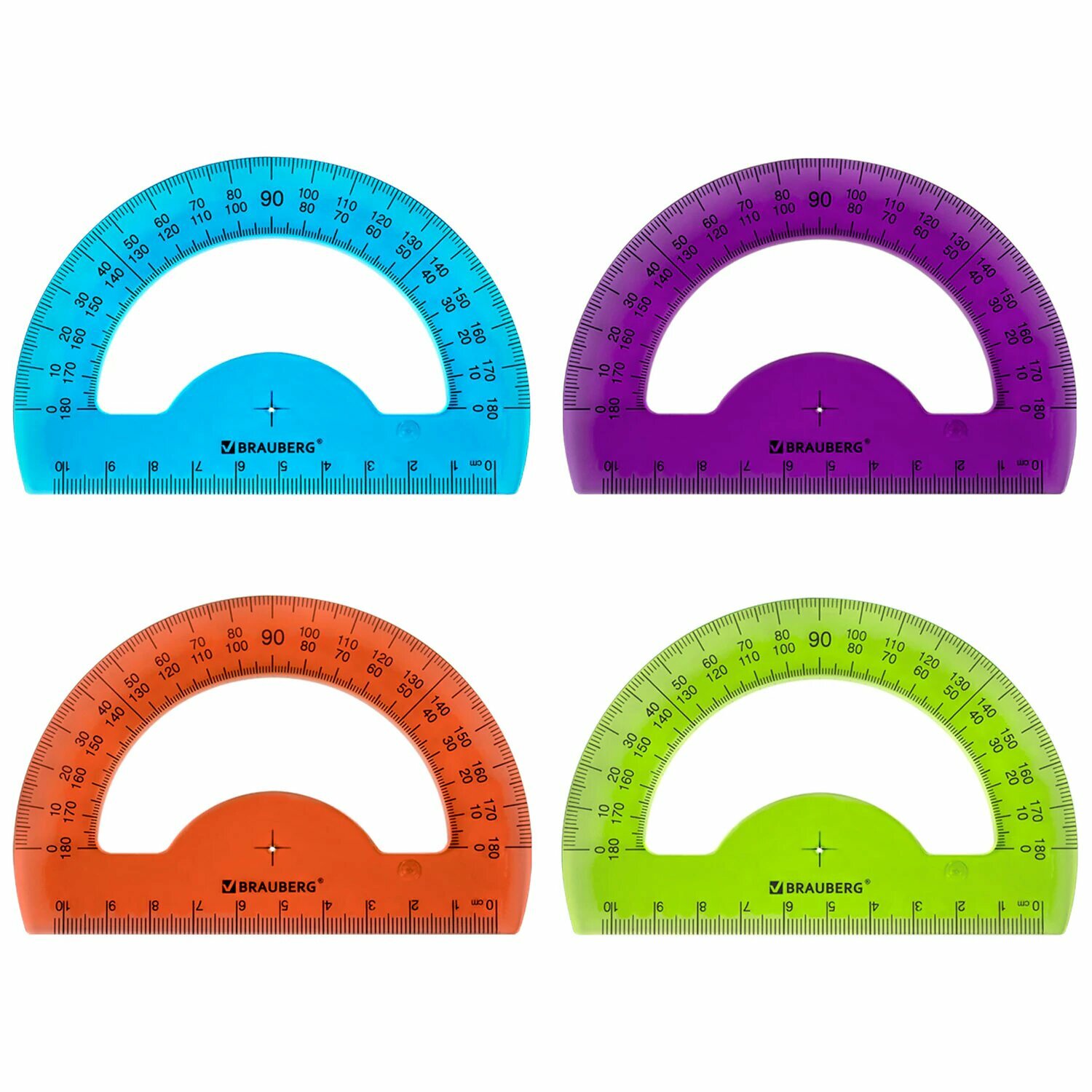 Транспортир 10 см BRAUBERG "FRUITY", 180 градусов, пластик, тонированный, ассорти, 210768, 4шт.