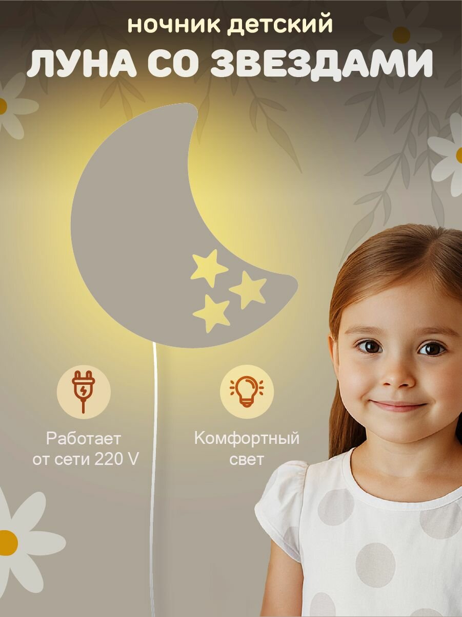 Ночник детский светильник для сна настенный луна со звёздами деревянный светодиодный 24х31 см питание от сети, 3000К