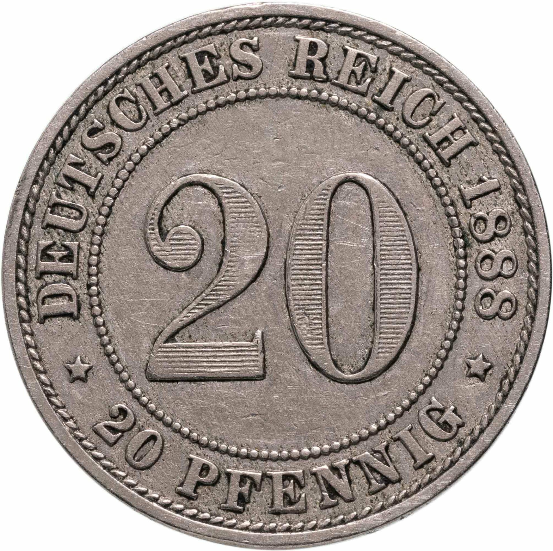 Германия 20 пфеннигов pfennig 1888, Мельхиор медь-никель, в сохранности XF