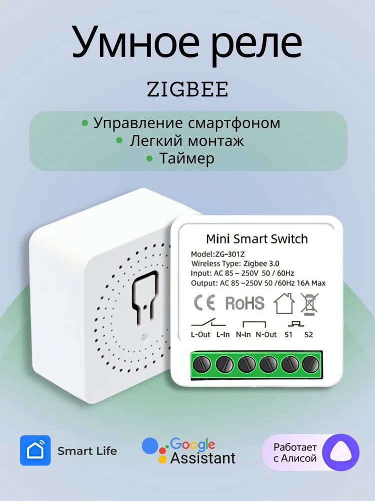 Умное реле ZG-301Z, Zigbee, Tuya, 3500Вт, с голосовыми помощниками