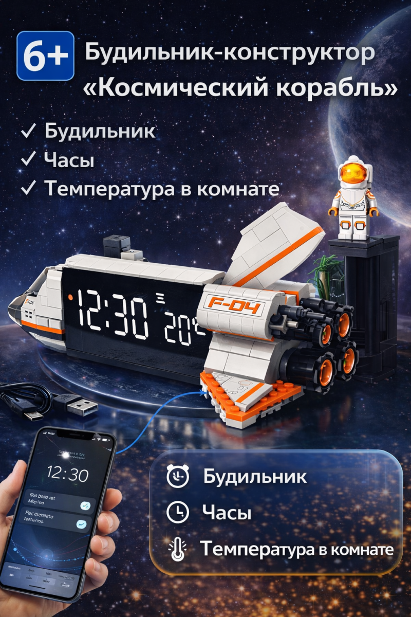 Конструктор BC-33 Космический корабль с будильником: время: температура 268дет. 32х22.5х8
