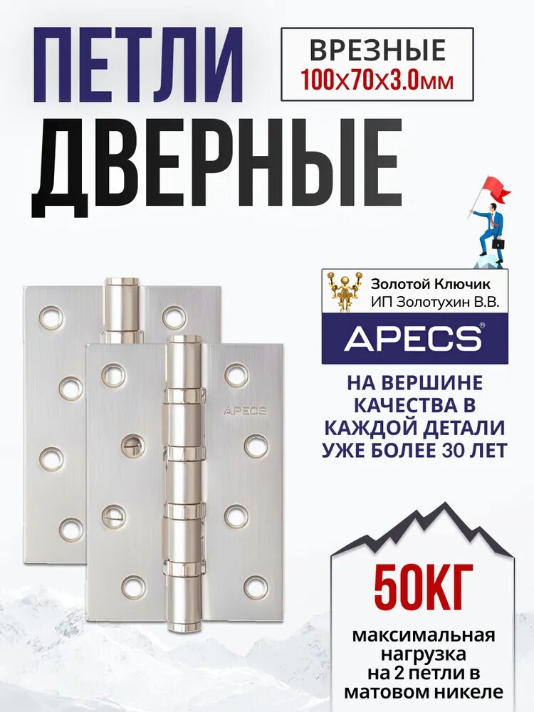 Петли врезные дверные никель универсальные, 2 шт, 100х70х3