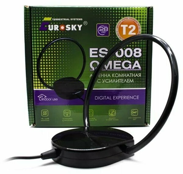 Антенна комнатная EuroSky ES-008 Omega с усилителем (МВ-ДМВ, DVB-T2, активная,5В,30 дБ, коробка)