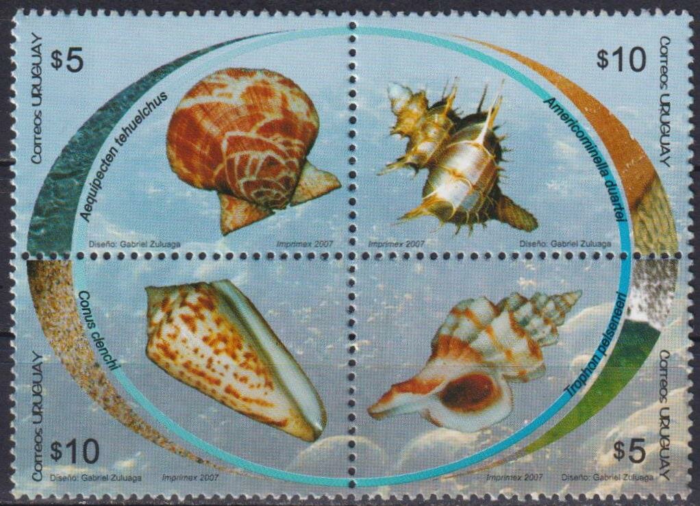 Почтовые марки Уругвай 2007г. "50 лет малакологии - морские моллюски" Ракушки MNH