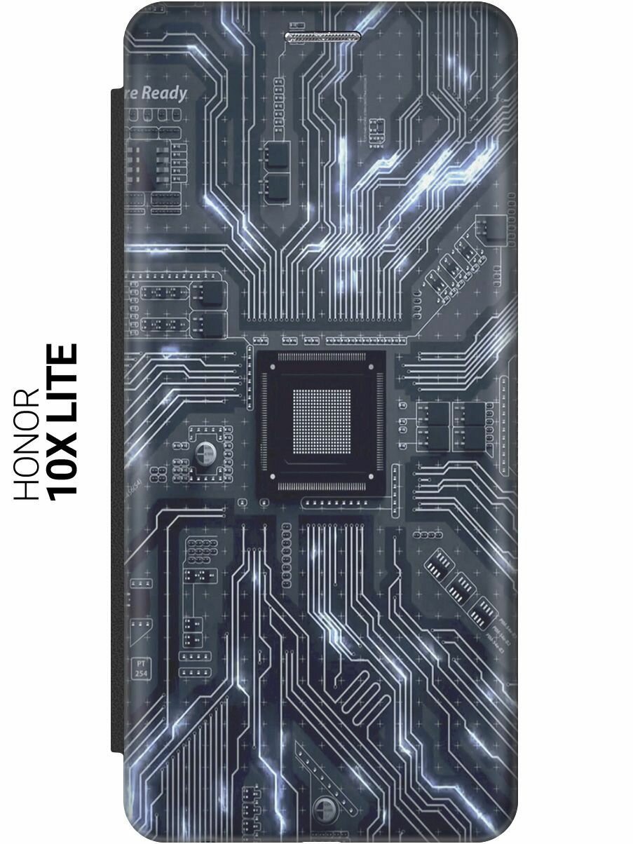 Чехол-книжка на Honor 10x Lite, Хонор 10Х Лайт с 3D принтом "Синяя микросхема" черный