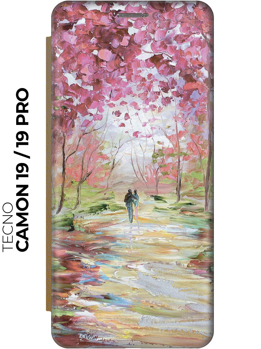 Чехол-книжка на Tecno Camon 19 / 19 Pro / Техно Камон 19 / 19 Про с рисунком "Весенняя роща" золотой