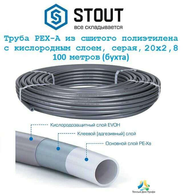Труба STOUT PEX-A, серая из сшитого полиэтилена 20х2,8 с кислородным слоем - 100 метров.