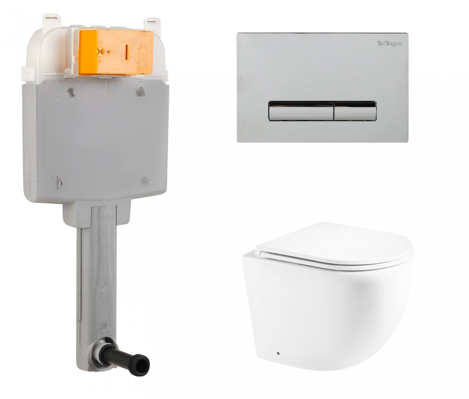 Комплект 3 в 1 смывной бачок скрытого монтажа BelBagno BB025-CS + Унитаз приставной Enio Unico с кнопкой хром Genova