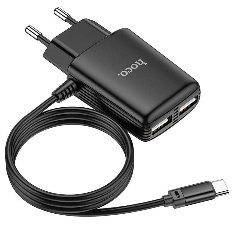 Сетевое зарядное устройство Hoco C82A Real Power Dual Port Cable Charger (for Type-C) (EU) 2*USB, 2.4А, черный