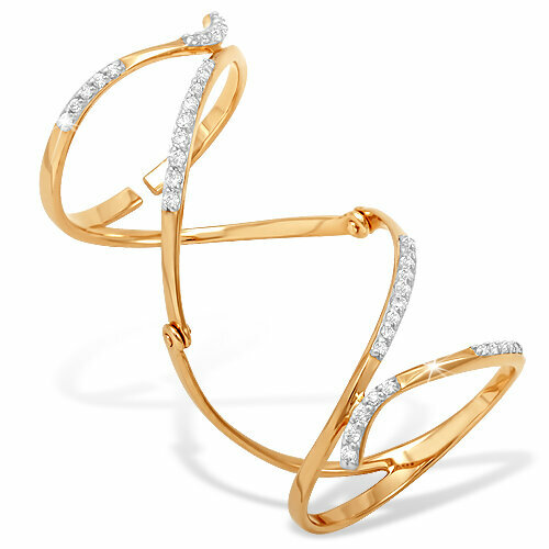 Кольцо на две фаланги, красное золото, 585 проба, родирование, фианит