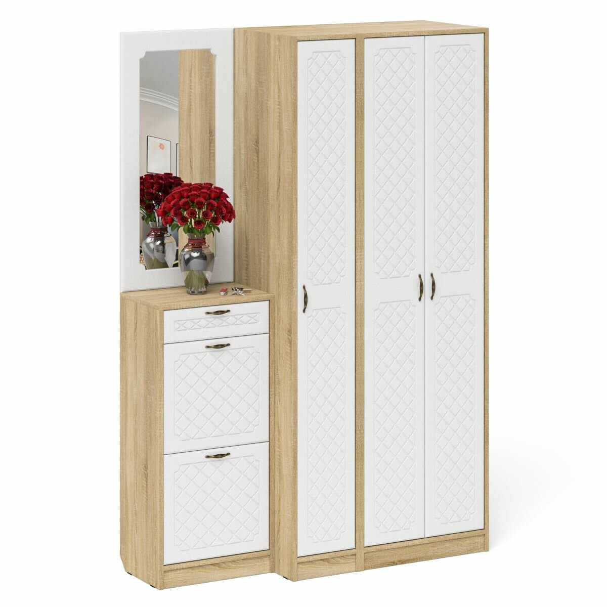 Модульная прихожая с зеркалом Мебельный двор П-6-500 № 49 дуб сонома/белое дерево ромб