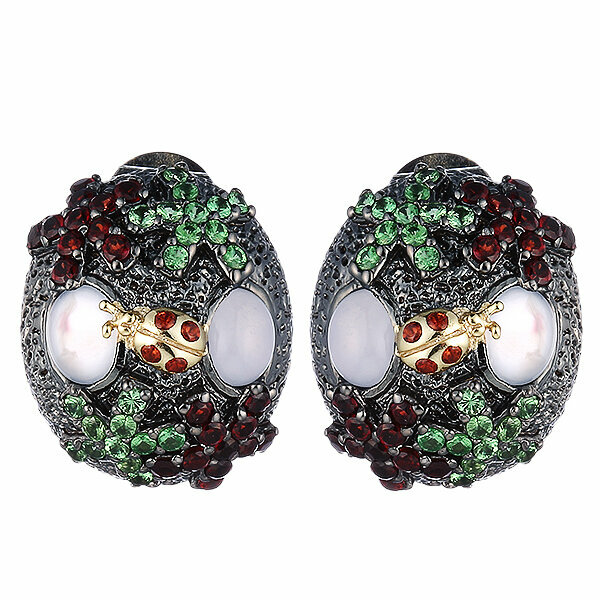 Серьги, серебро, 925 проба, цаворит, халцедон, гранат