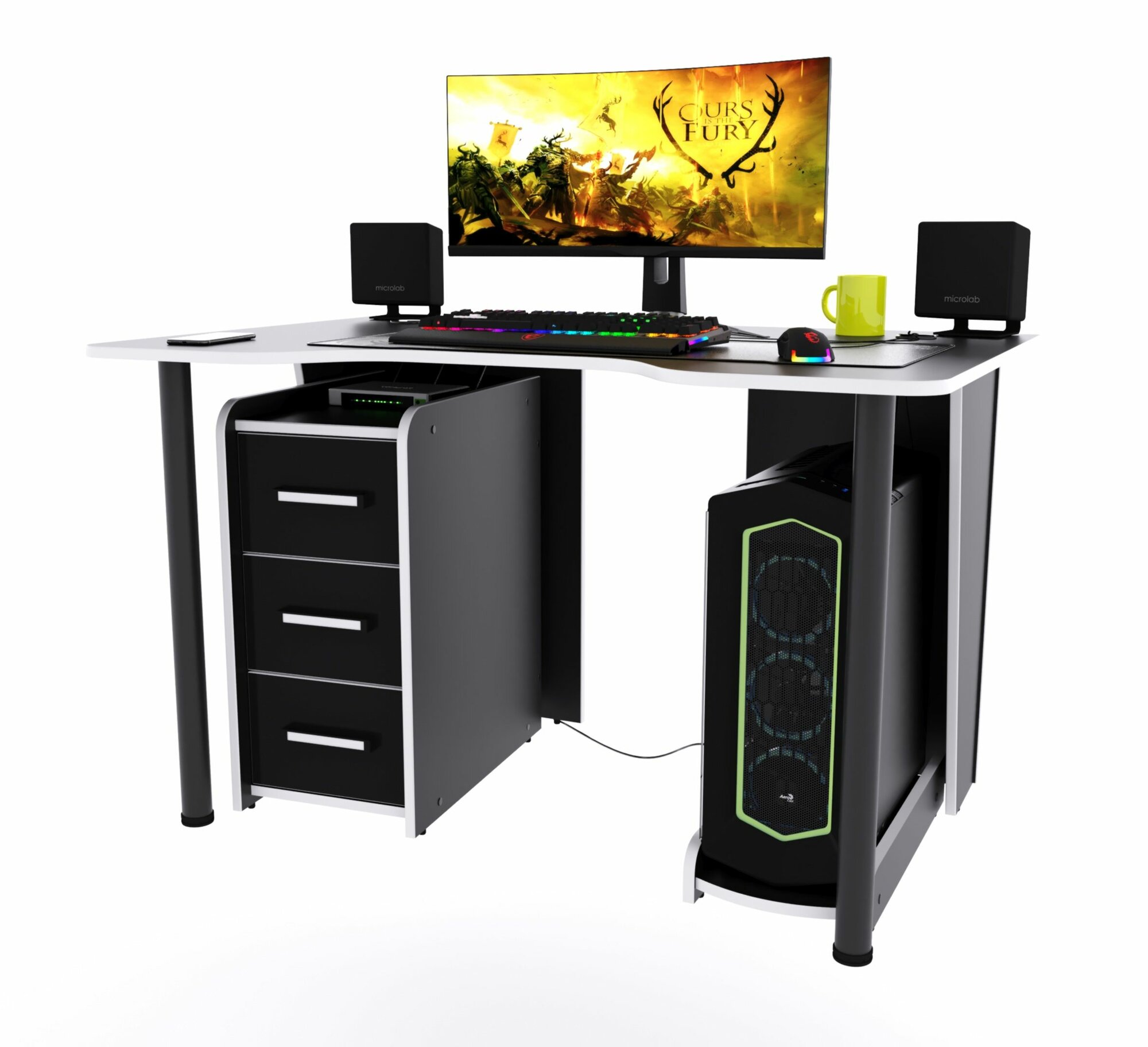Игровой компьютерный стол "Лакер" с тумбой, 140x80x75 см, чёрный с белой кромкой