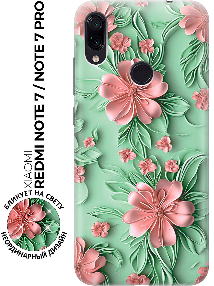 Силиконовый чехол на Xiaomi Redmi Note 7 / Note 7 Pro с принтом "Розовые цветы на мятном фоне"