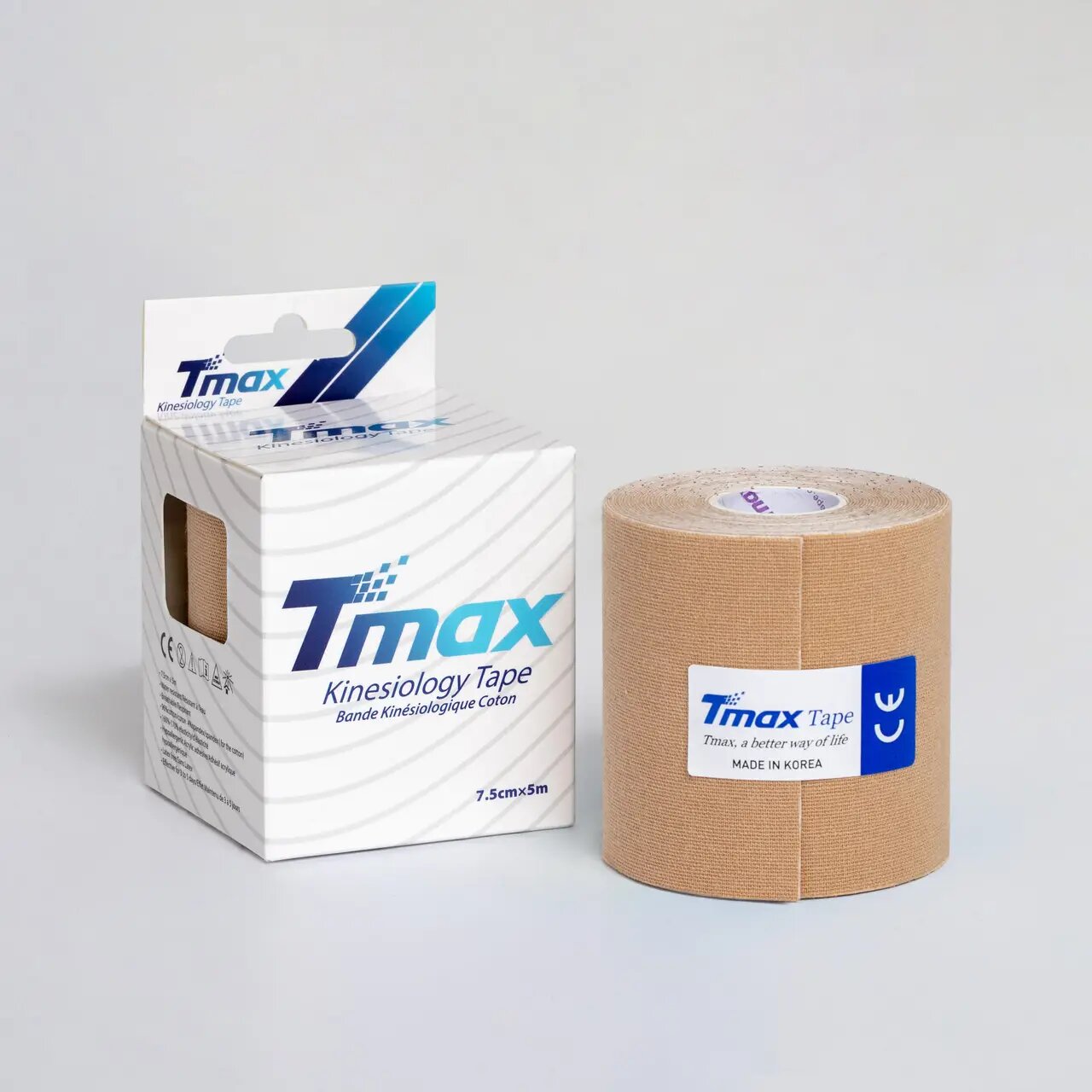 Кинезио тейп хлопок Tmax Extra Sticky 7,5 cm x 5 m, бежевый, 96% хлопок, 4% спандекс
