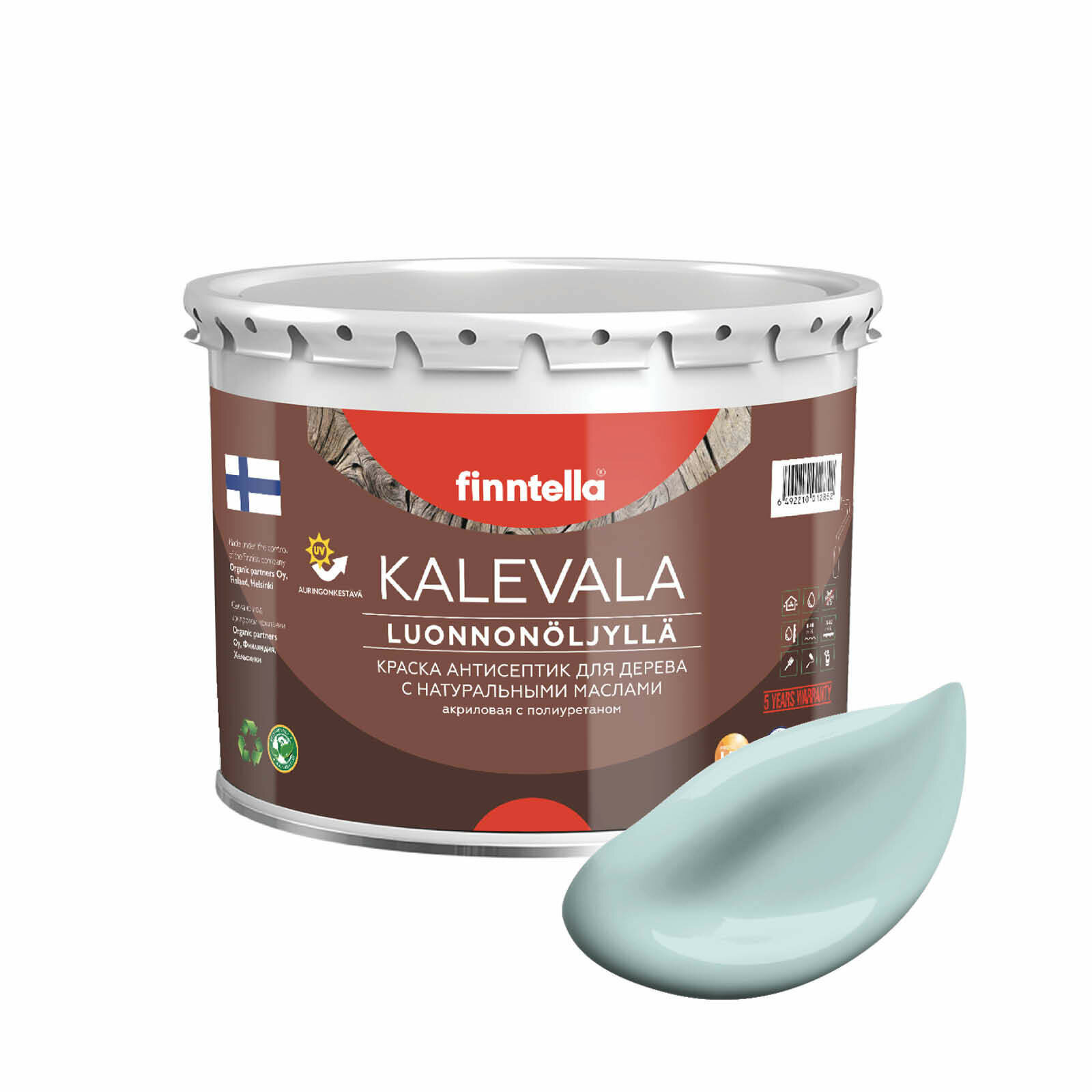 Краска для дерева и деревянных фасадов FINNTELLA KALEVALA, с натуральным маслом и полиуретаном, цвет AAMU (светло-голубой) , 2,7л
