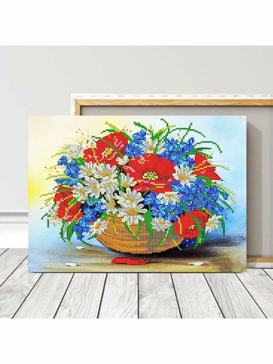 Алмазная мозаика Диамант "Полевой букет", 43,5х35см, круглая форма страз