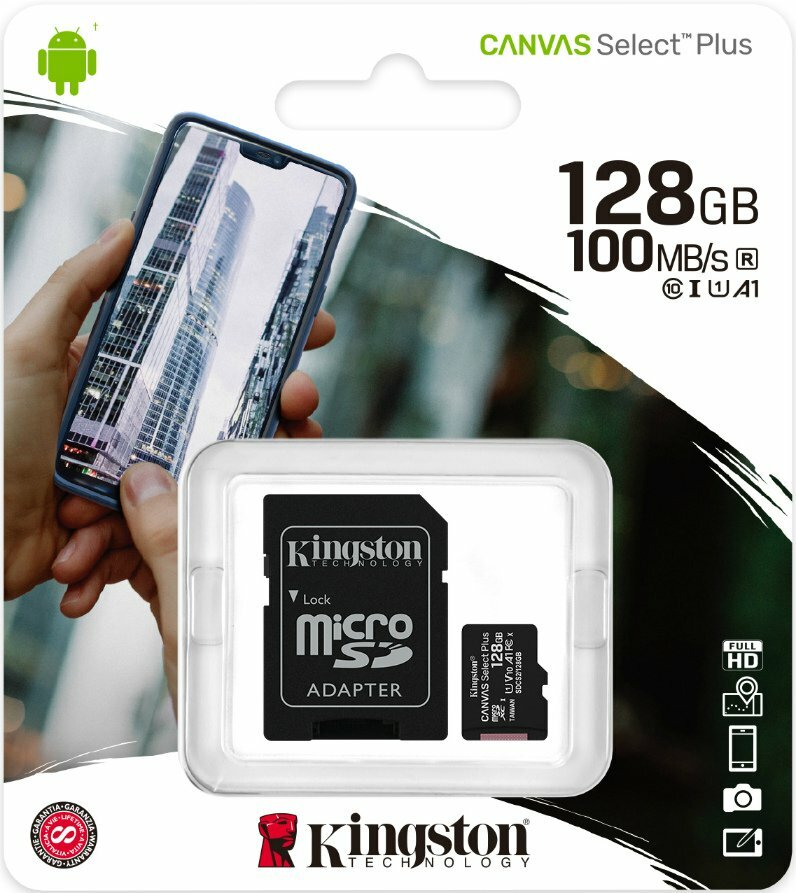 Карта памяти Kingston Canvas Select Plus microSDXC 128 ГБ Class 10, UHS-I U1, 100 МБ/с, адаптер SD