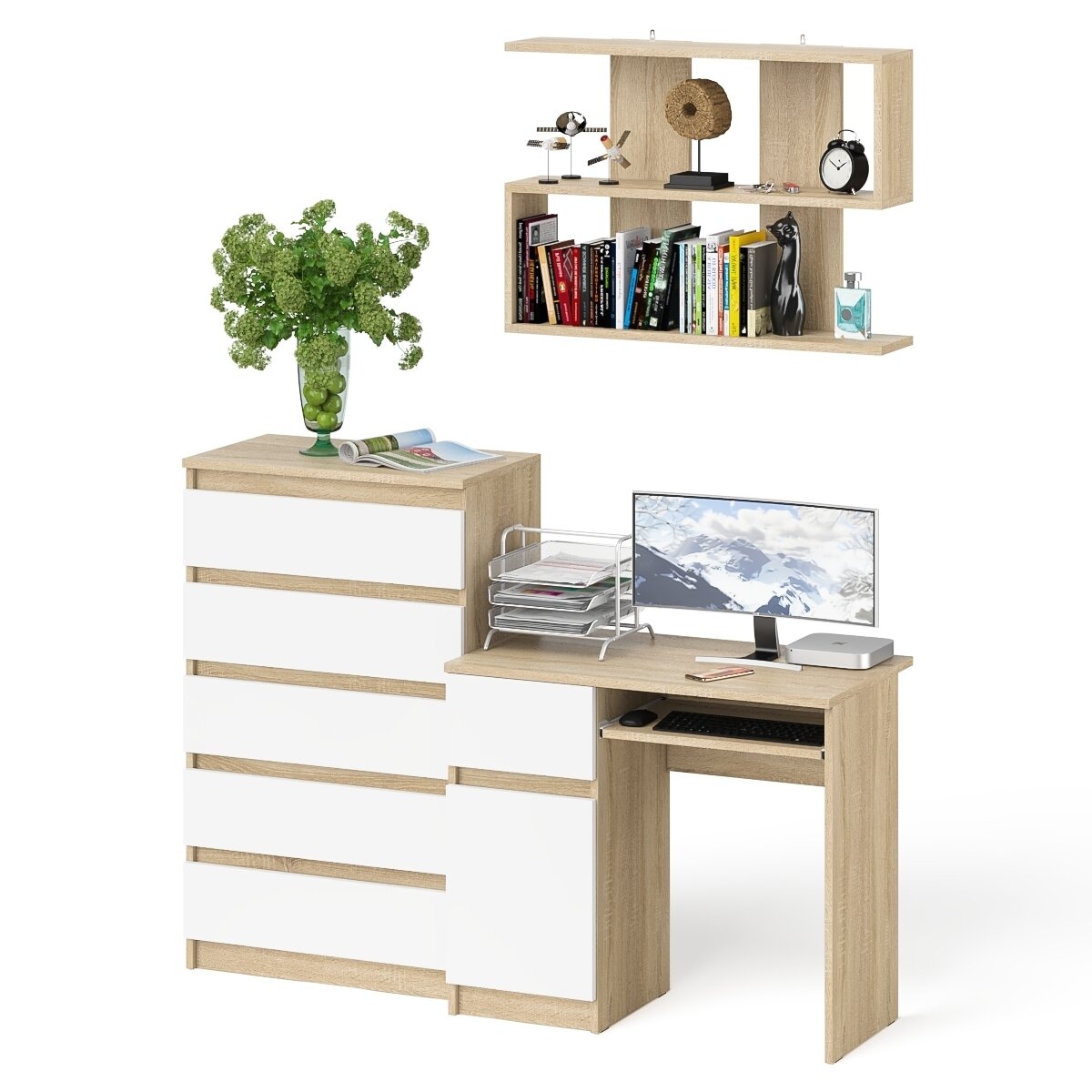 Стол компьютерный Мори МС-1 левый + Комод МК700.5 + Полка 900, цвет дуб сонома/белый