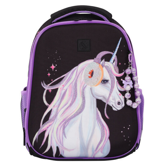 Ранец "Единорог" КОКОС First, полиэстер, черно-фиолетовый, с пеналом и мешком для обуви