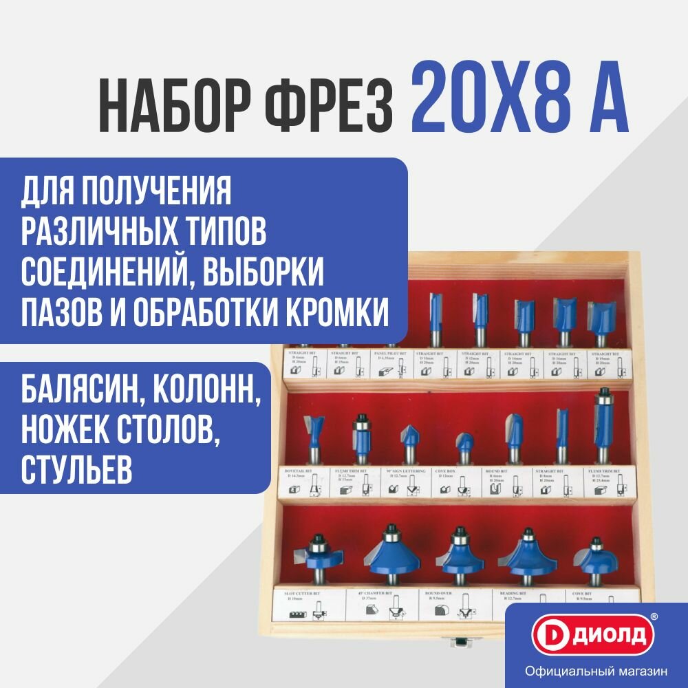 Набор фрез Диолд 20x8 A (20 шт, диаметр хвостовика 8 мм)