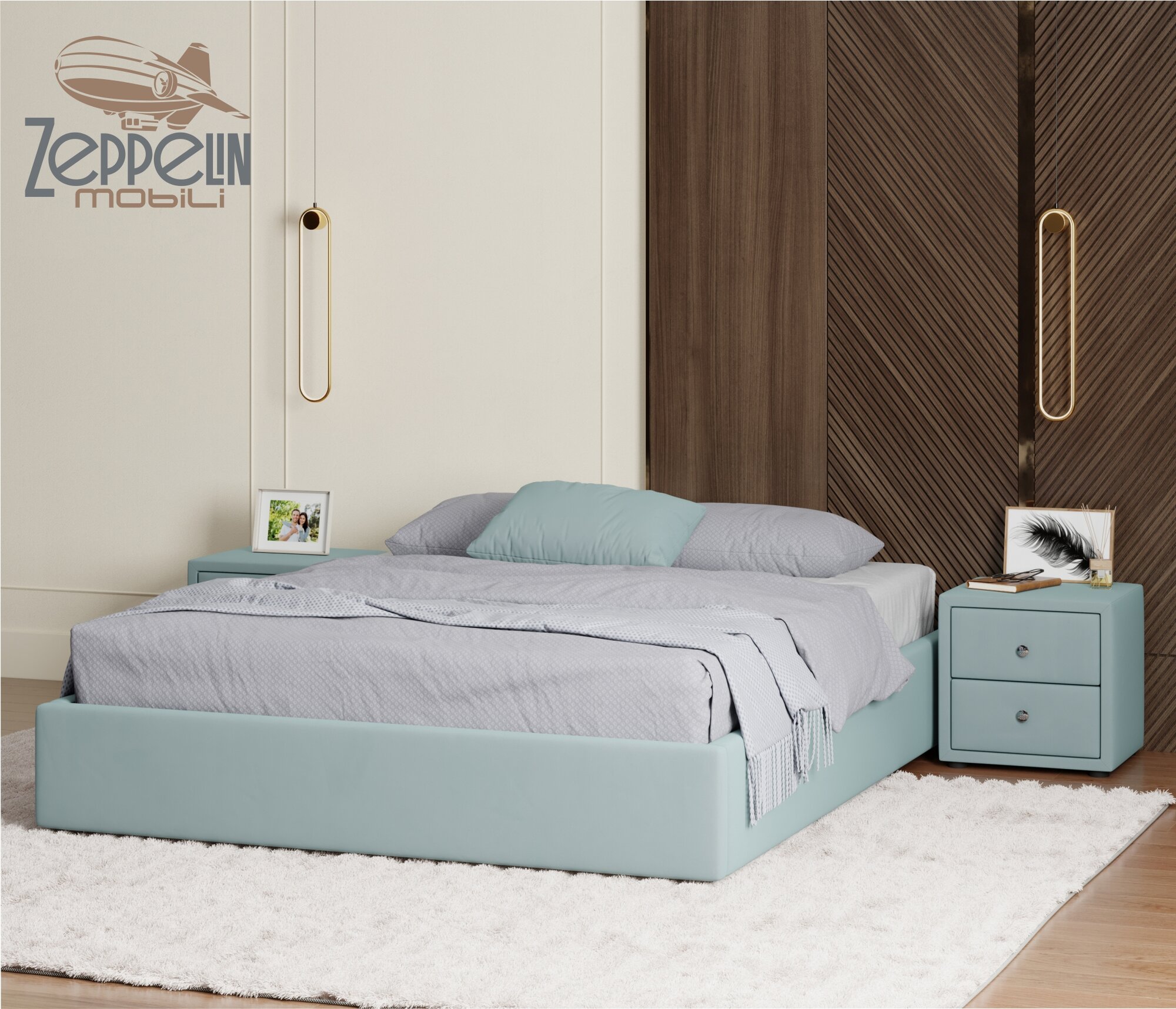 Кровать-софа Base 160x200 без изголовья с подъемником и ящиком Zeppelin Mobili мягкая двуспальная из мятного велюра