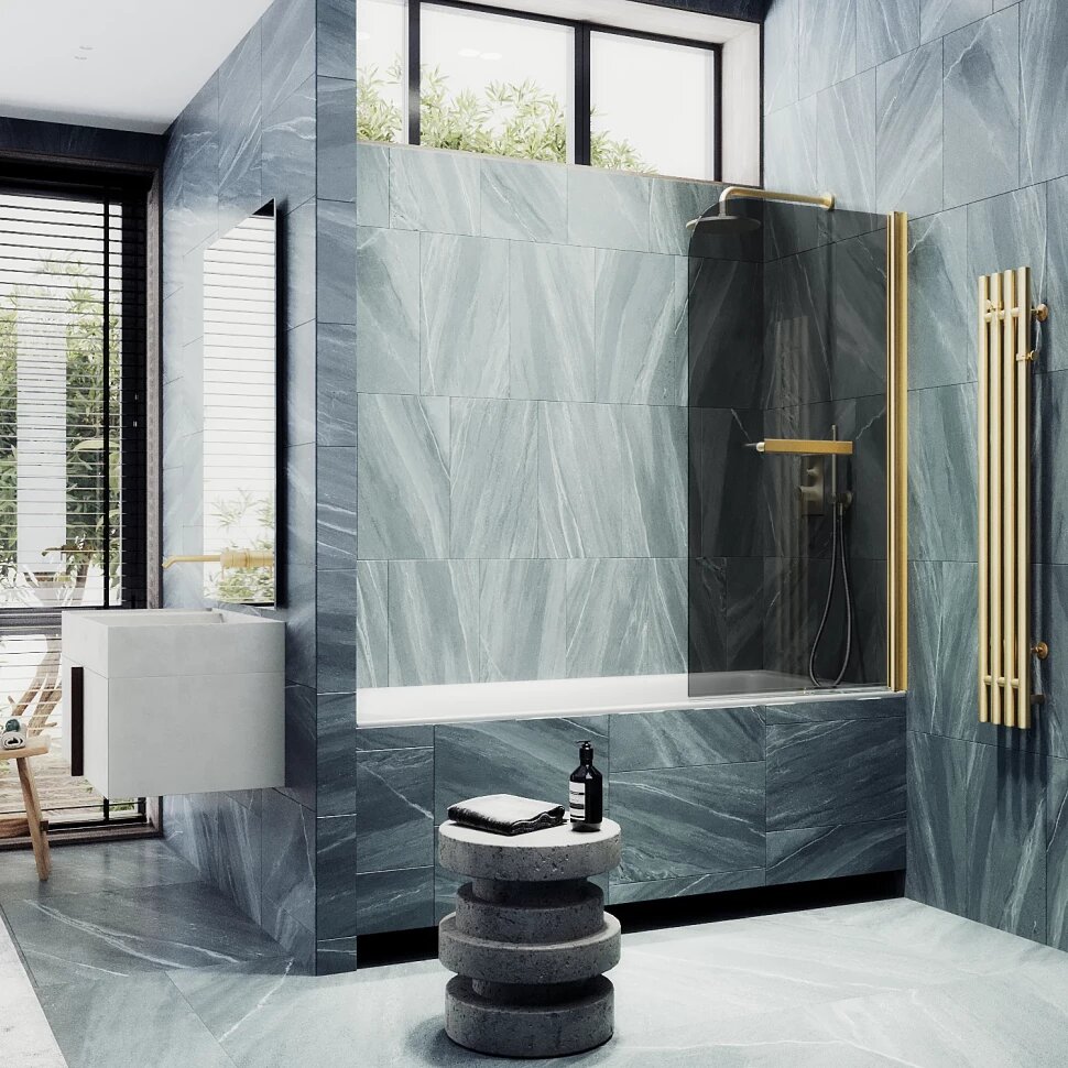 Шторка на ванну MaybahGlass MGV-785-3 70 см, профиль золотой матовый, стекло графитовое