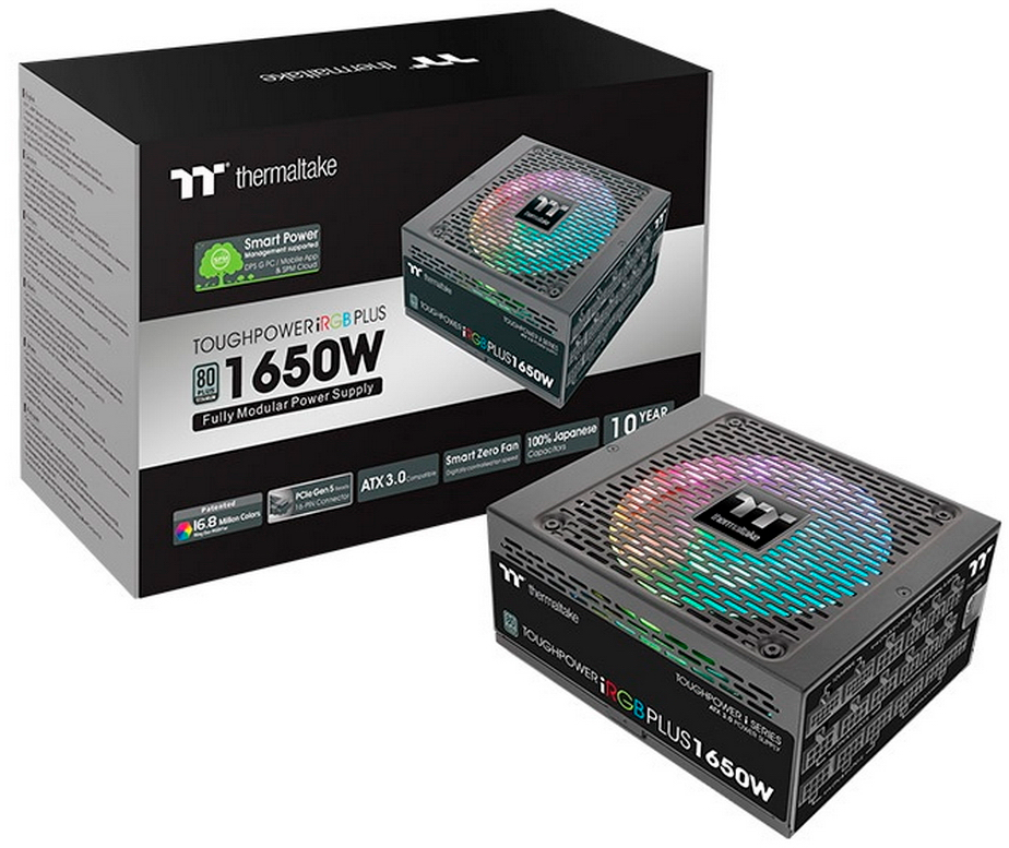 Thermaltake Блок питания 1650Вт Thermaltake Toughpower iRGB PLUS 1650W Titanium PS-TPI-1650F3FDTE-1 ATX12V V3.0 (24+4/8+6/8pin+12/4pin, вентилятор d140мм) + кабель питания (ret)