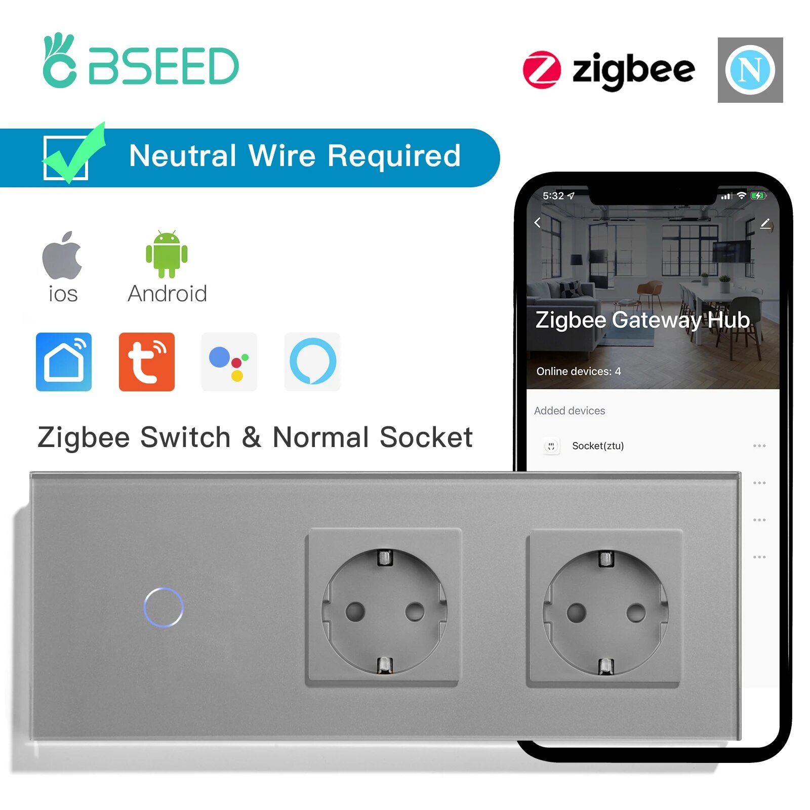 Умные выключатели BSEED Zigbee 1/2/3 клавиши 1Gang Gray