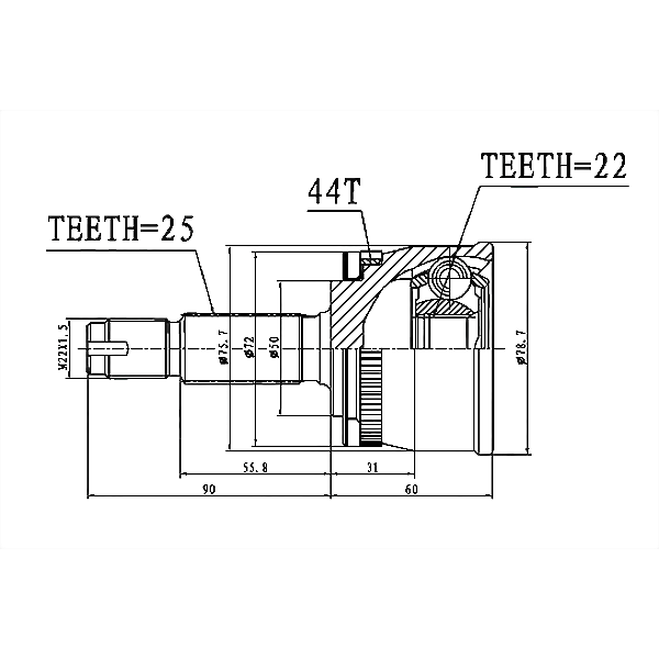 PATRON PCV1111 (495002F000 / 495912F010 / 495912F091) шрус наружный с кольцом abs 22x50x25 abs:44t Cerato (Серато) I 04-09,