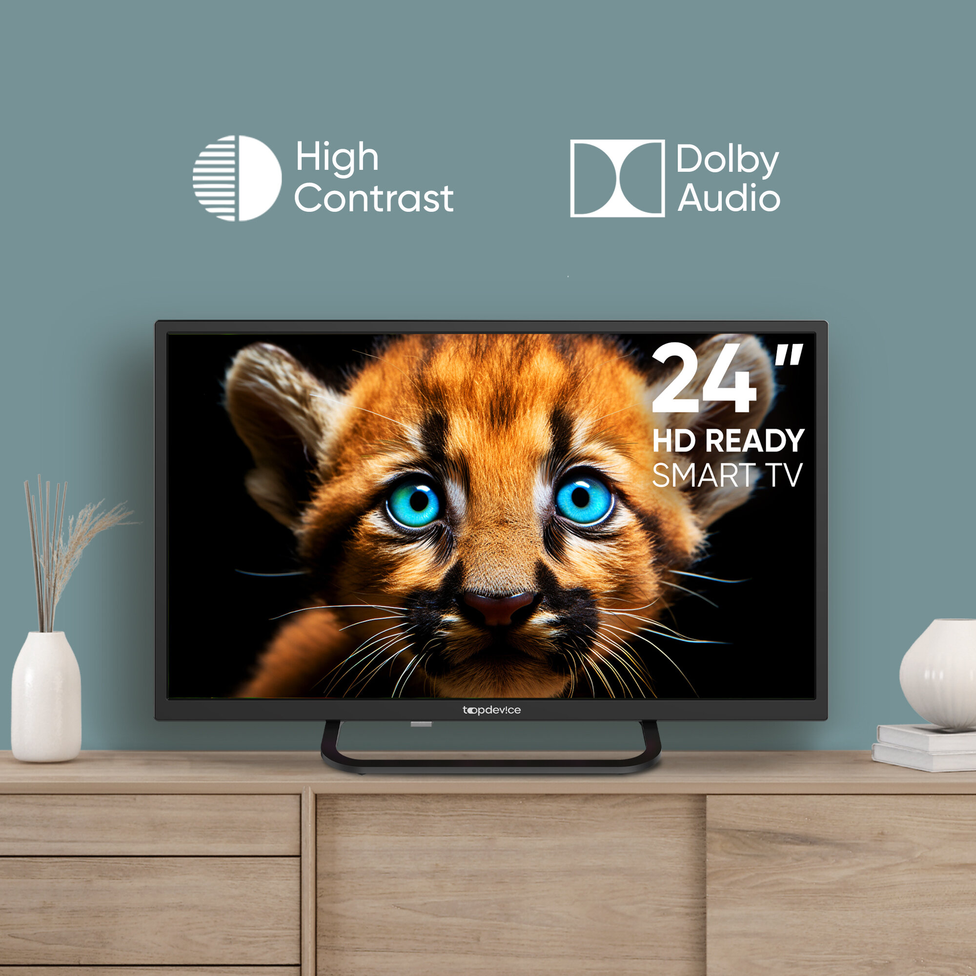 Телевизор 24 дюйма Topdevice, HD-разрешение, ОС WildRed, матрица VA, память 1-8 ГБ, черный (TDTV24BS02H_BK), уценка