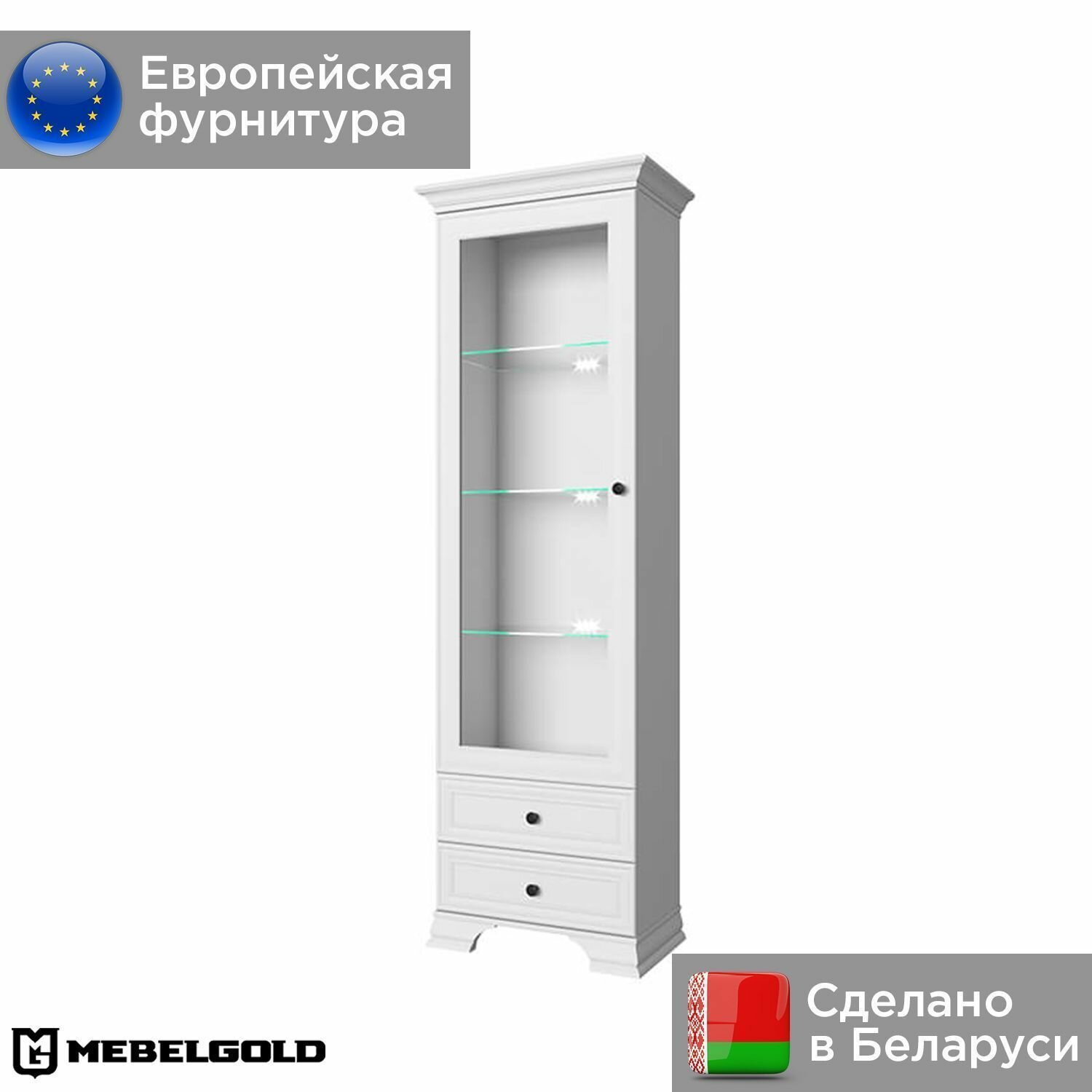 Шкаф с витриной Тиффани / Tiffany 1V2S белый МебельГолд, 69х40х212 см