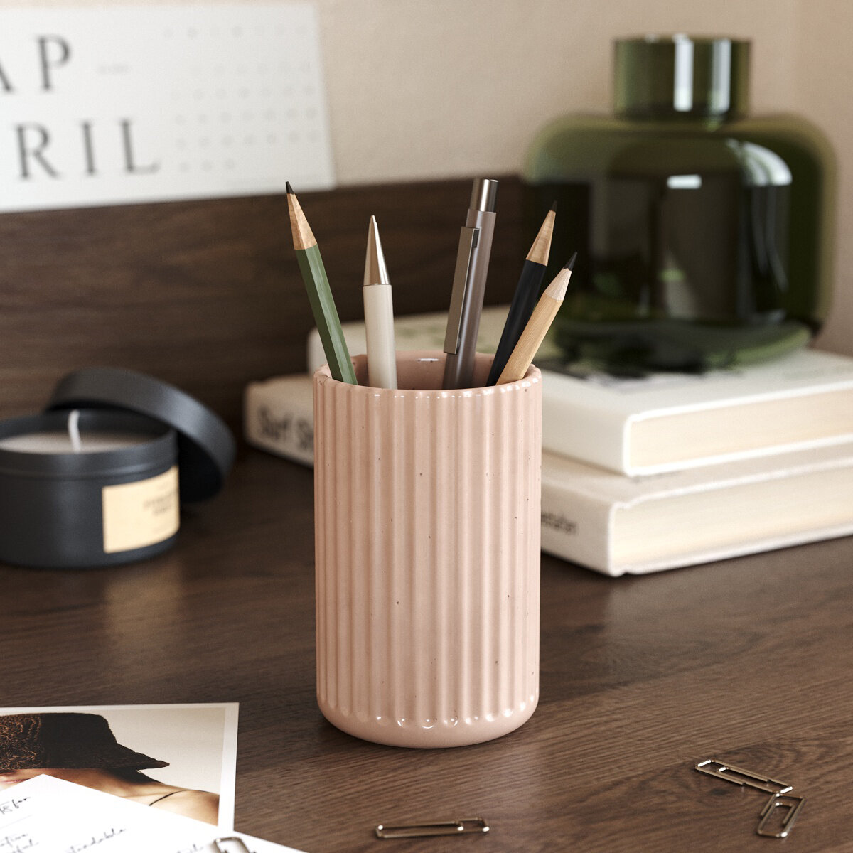 Стакан канцелярский, органайзер для ручек и карандашей Chloe Slim, 7x7x11 см, розовый глянцевый