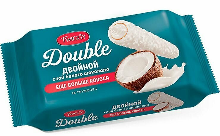 TWIGGY Вафельные трубочки Double, с кокосом, в белом шоколаде, 185 г