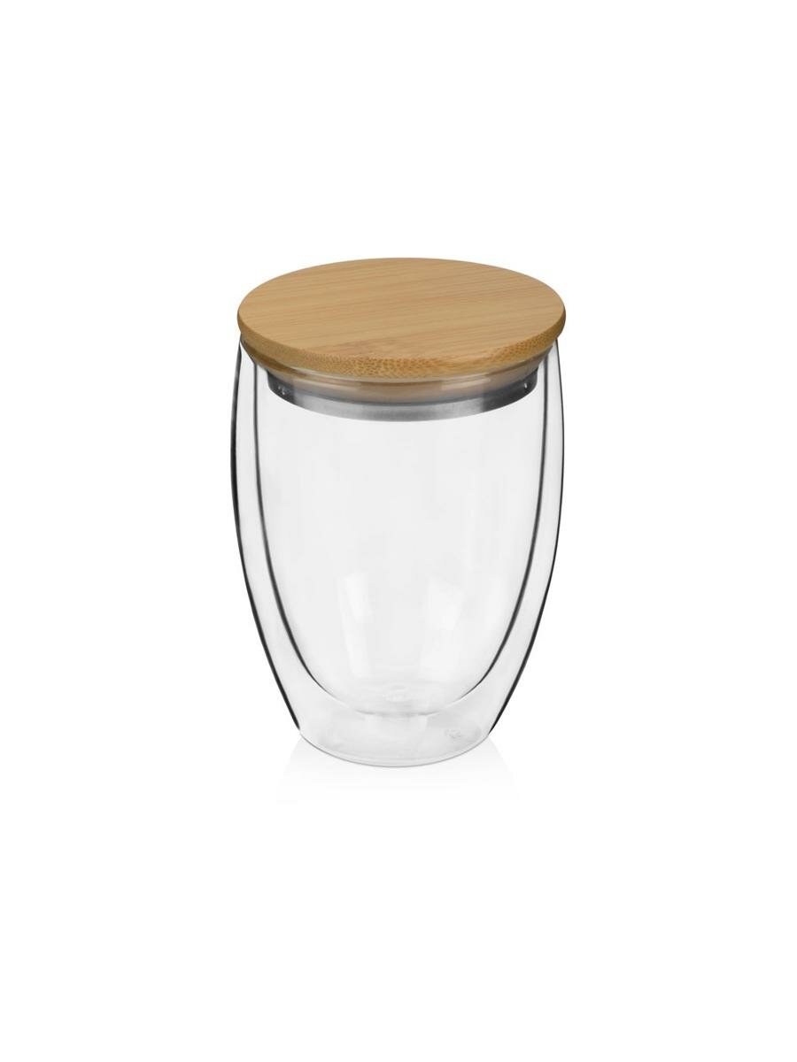 Стакан с двойными стенками и бамбуковой крышкой «Valday», 350 мл, прозрачный, коричневая крышка