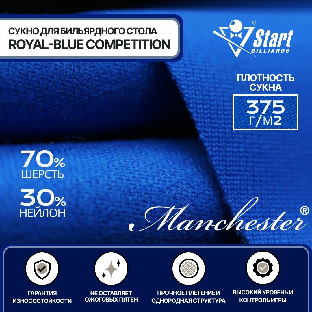 Сукно для бильярдного стола Manchester 70 Royal blue competition, 7 футов