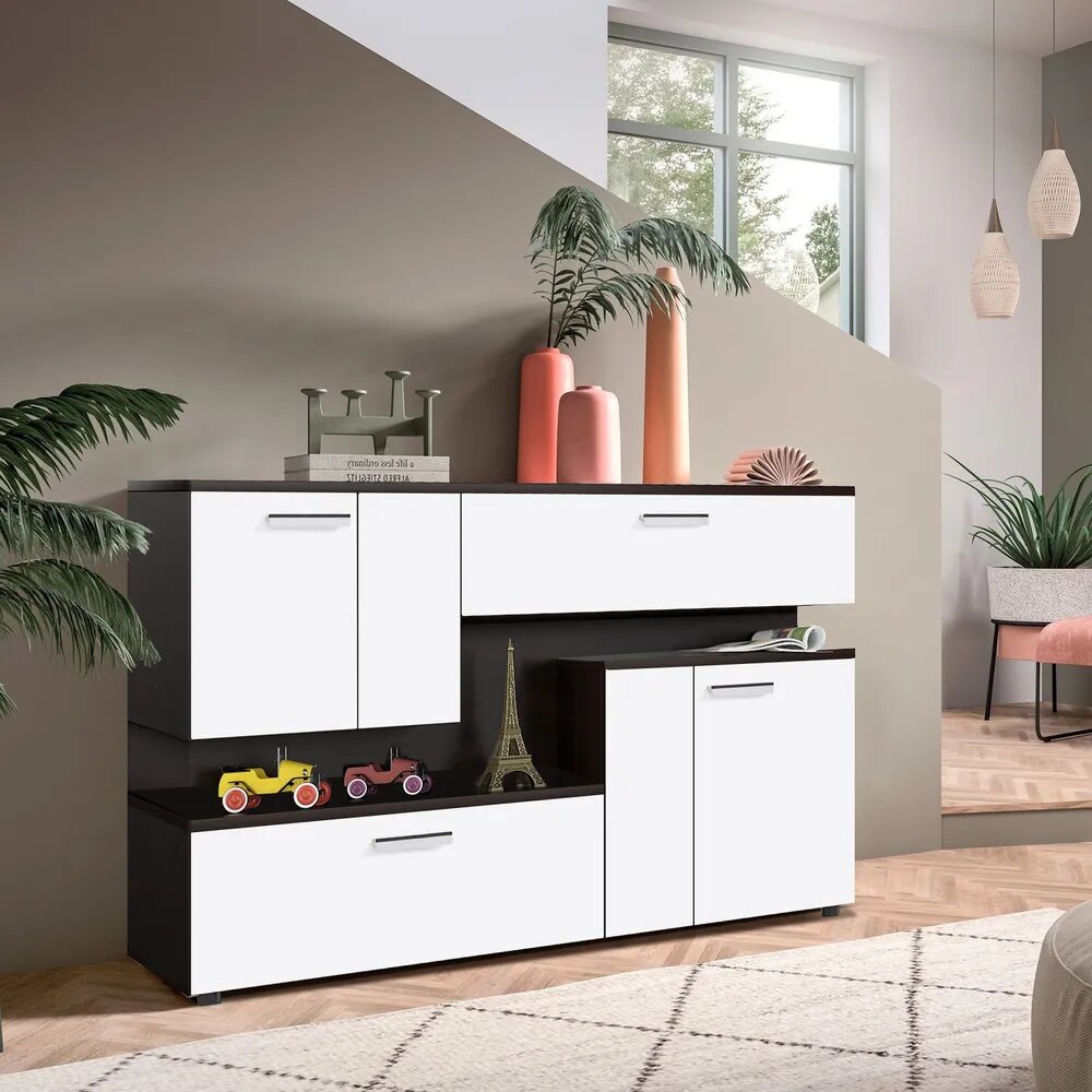 Тумба по ТВ Мебельный Двор С-МД-С1-1400 цвет венге /фасады белые, размер ШхГхВ 1400х300х930мм