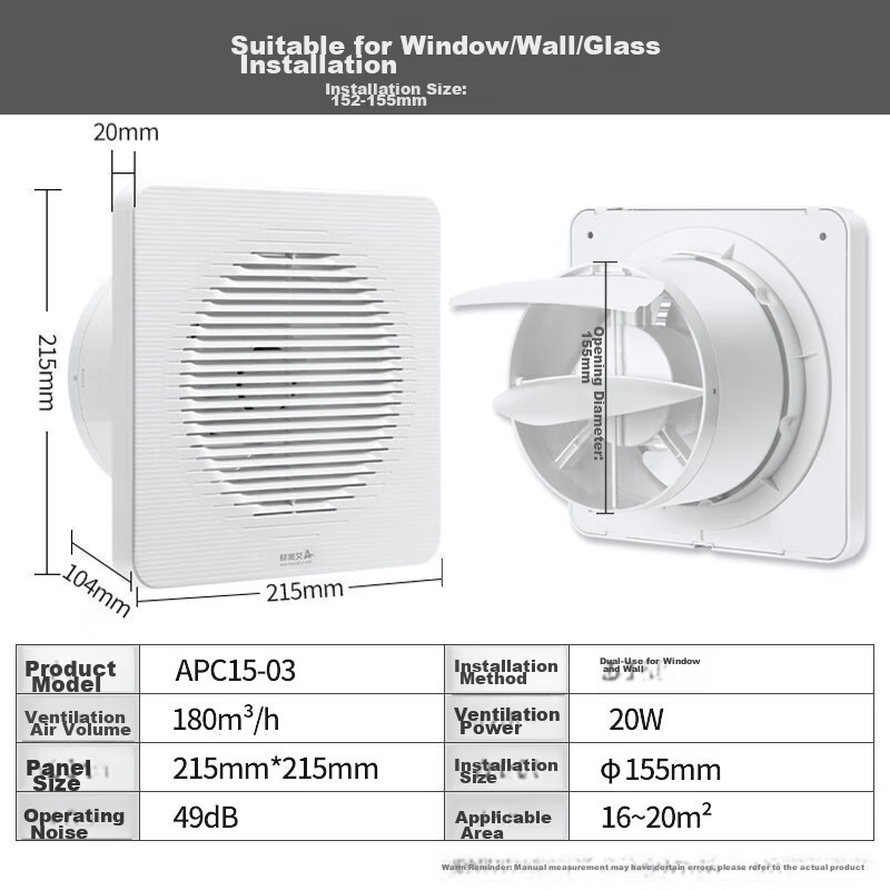 Airmate APC15-03 Exhaust Fan, Bathroom Kitchen Ventilation Fan, Window Or Wall-Mounted Exhaust Fan, Powerful Extractor Fan, 6-Inch