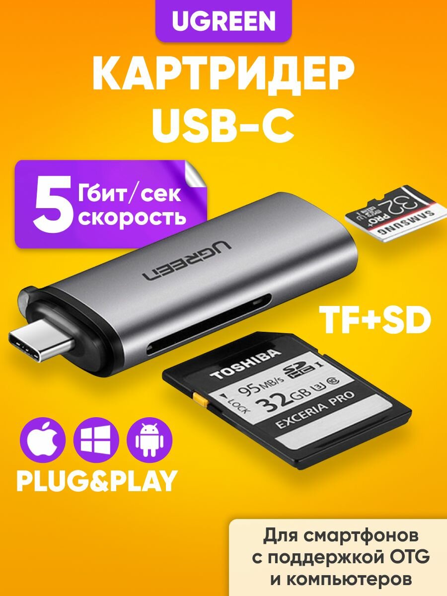 Картридер UGREEN USB-C 3.0 для карт памяти TF/SD, скорость до 5 Гбит/сек, для смартфонов с OTG и компьютеров