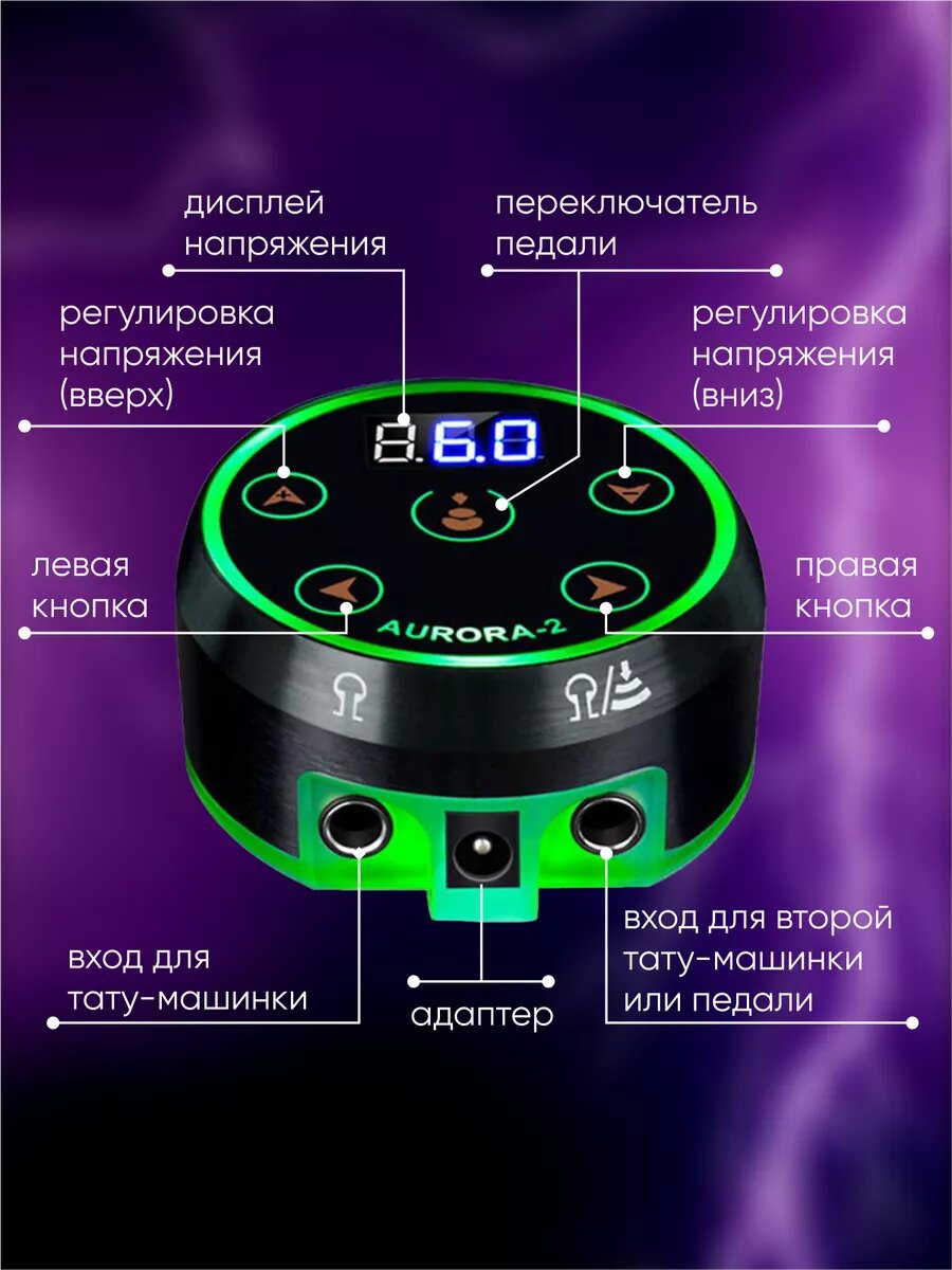 Блок питания PMTUT Aurora 2, для тату, ЖК-дисплей, анодированный алюминий — фото 1