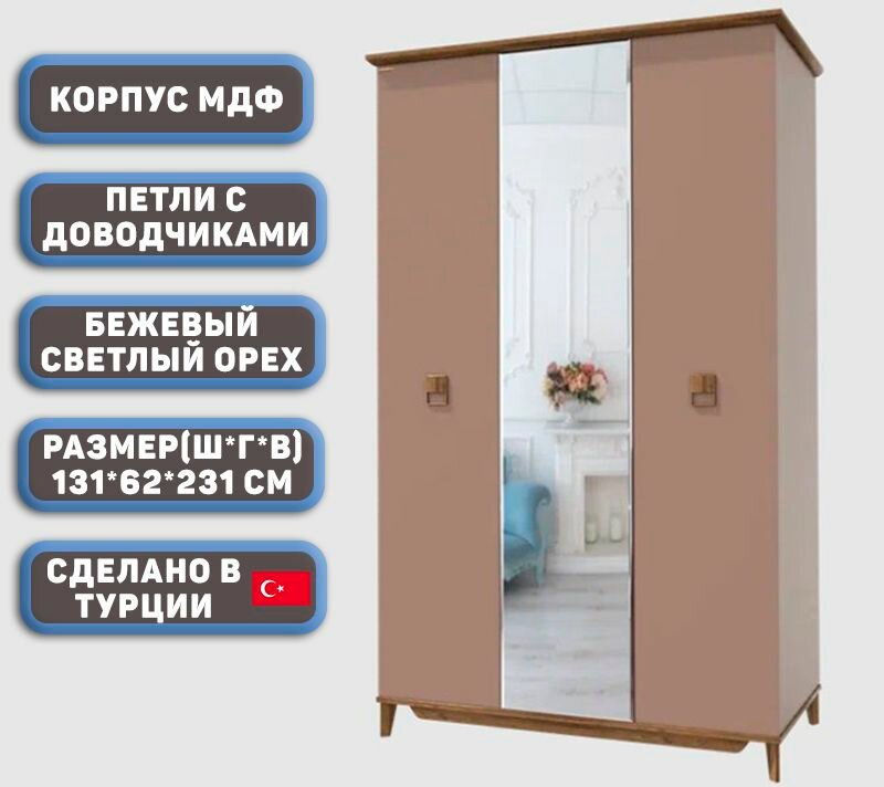 Шкаф 3-дверный, 6 полок, штанга для вешалок, Сильва цвет Бежевый/Светлый Орех, Турция