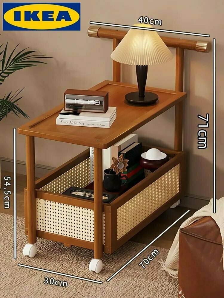Приставной столик IKEA, бамбук, с ящиком, на колесиках, 70x30 см