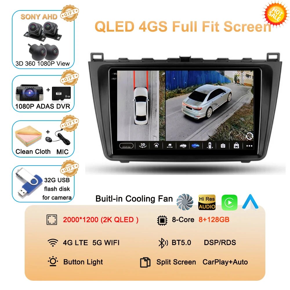 Автомагнитола Android 16 с беспроводным CarPlay для Mazda 6 GH 2007-2012, 8G 128G DVR 360 2K