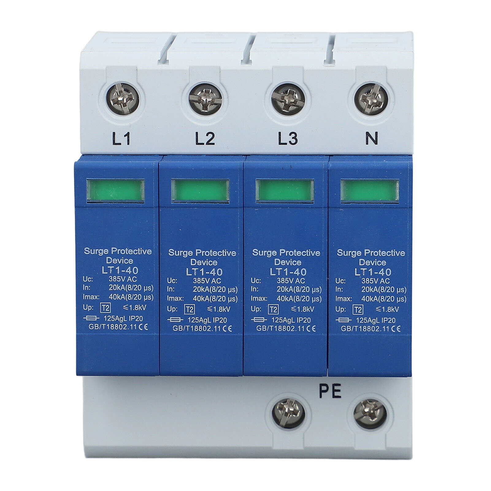 Устройство защиты от перенапряжения переменного тока 4P 40KA, установка на 35-мм рейку, низковольтный разрядник с индикатором состояния, переменный ток 385 В