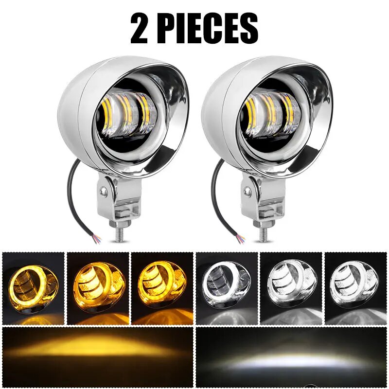 Светодиодная фара для мотоцикла, точечная лампа, хромированная фара, вспомогательный прожектор с ореолом для Honda Yamaha Suzuki Kawasaki Cafe Racers 2pcs