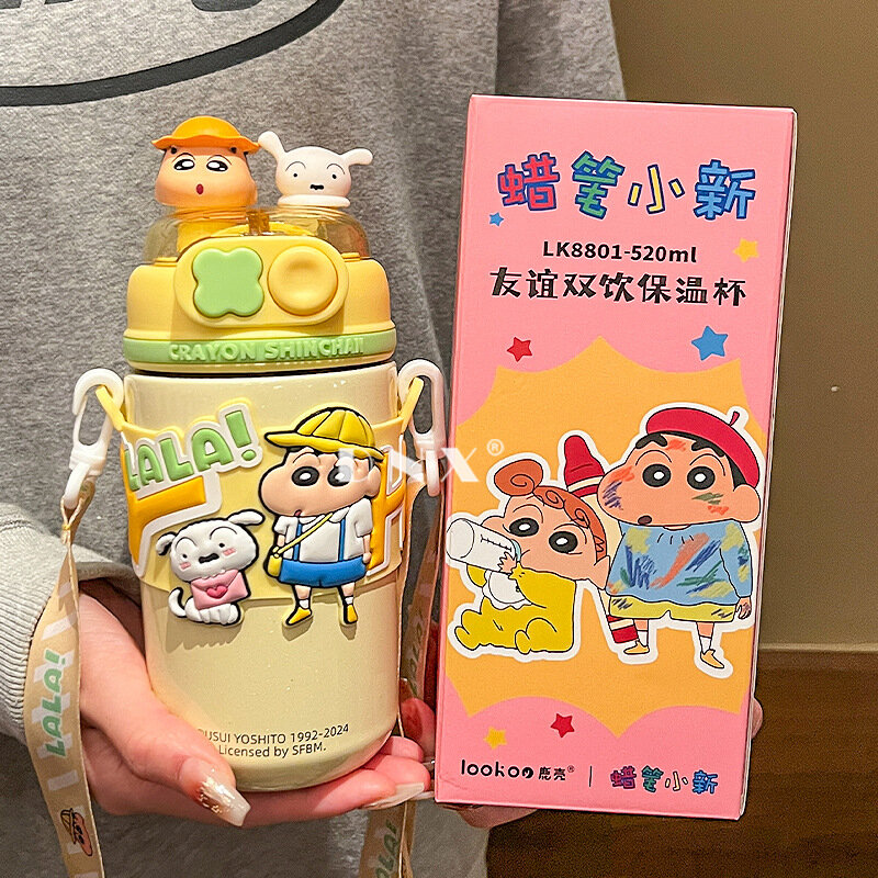 Кукла Crayon Shin-chan, двойная чашка для питья, мультяшная, милая, термос, чашка из нержавеющей стали, для студентов, детей, для школы, для улицы, соломенная чашка