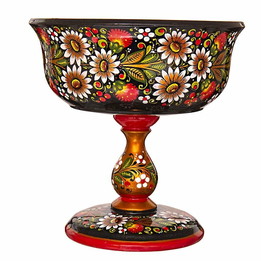 Хохломская деревянная конфетница на ножке Летняя с узором 17 х 18 см