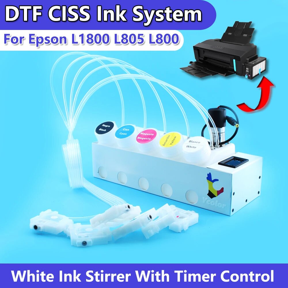 L1800 L800 L805 DTF Система непрерывной подачи чернил Комплект для преобразования СНПЧ Резервуар для белых чернил с таймером мешалки 250 мл 6 цветов