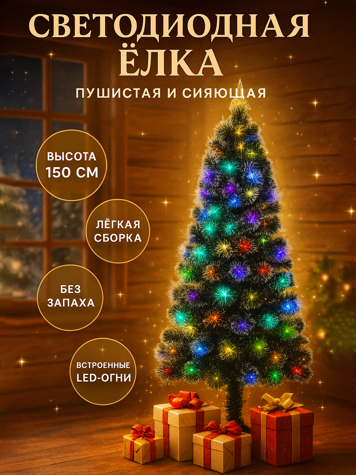 Новогодняя елка, елка светодиодная, елка светящаяся, ель искусственная заснеженная, с подсветкой, встроенная гирлянда, 150 см